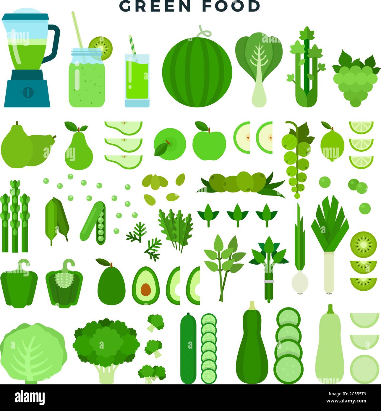 Collection of green colored food: vegetables, fruits and juices, flat ...