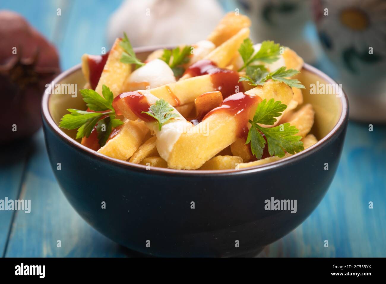 Canadian poutine, fried potato chips with cheese and gravy or sauce ...