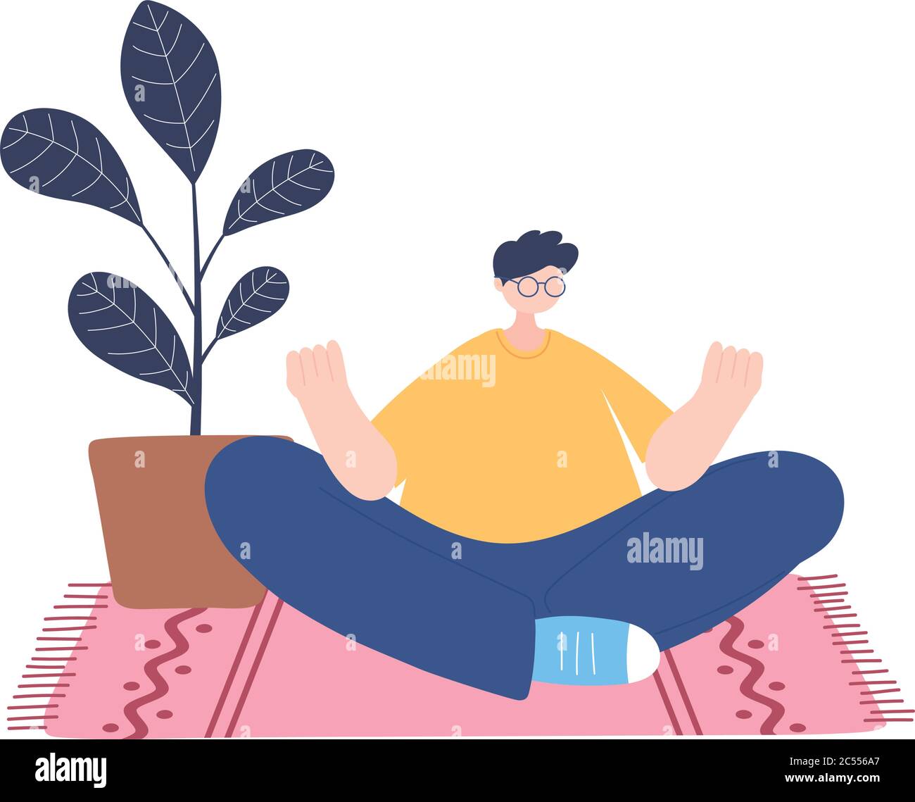 stay at home, man in yoga meditation pose in the room, self isolation ...