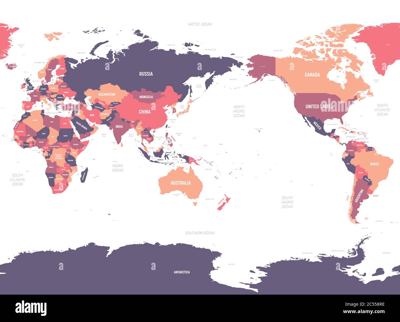 World map - Asia, Australia and Pacific Ocean centered. High detailed ...
