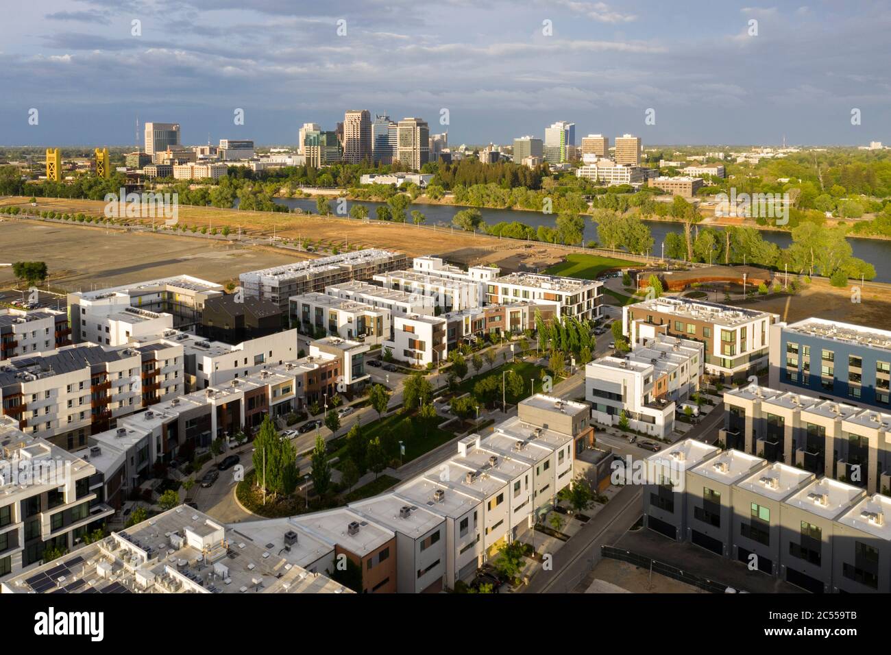 Aerial view of the new Bridge District neighborhood along the river in ...