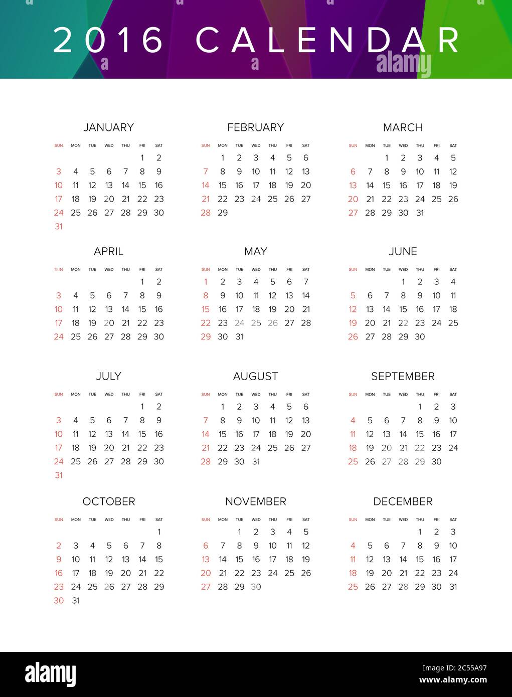 2016 Calendar. Abstract. Week Starts from Sunday. Vector illustration ...