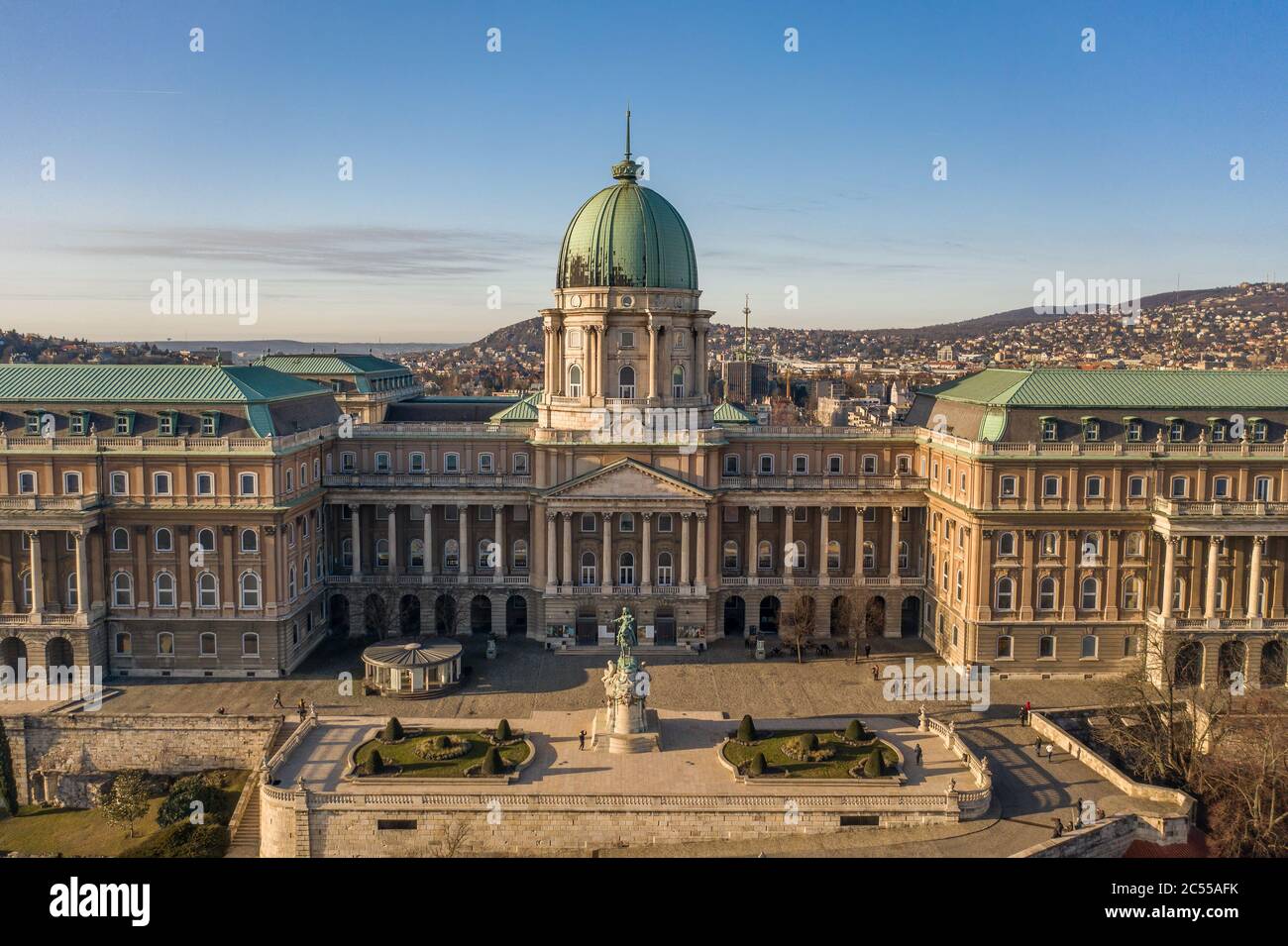 Aerial drone shot of front facade of Buda castle palace complex during ...