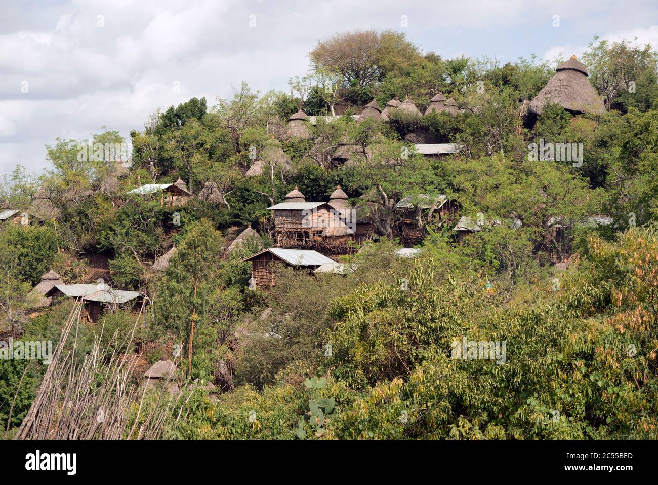 An indigenous, hillside Konso tribe village in the Omo Valley, Ethiopia ...
