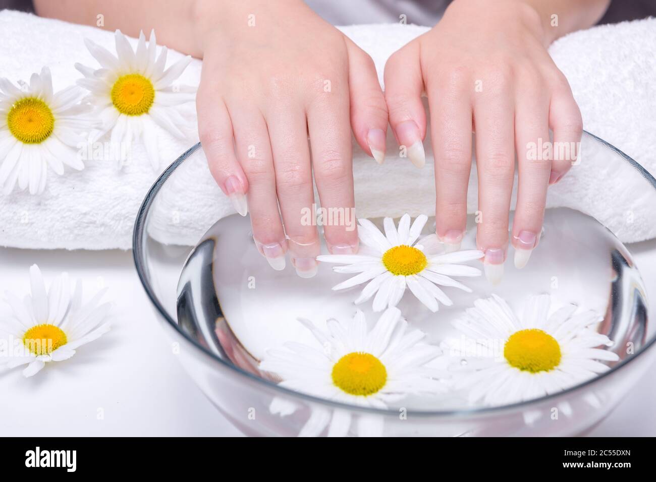 Procedure for treating nails in spa salon. Close-up hands of young ...