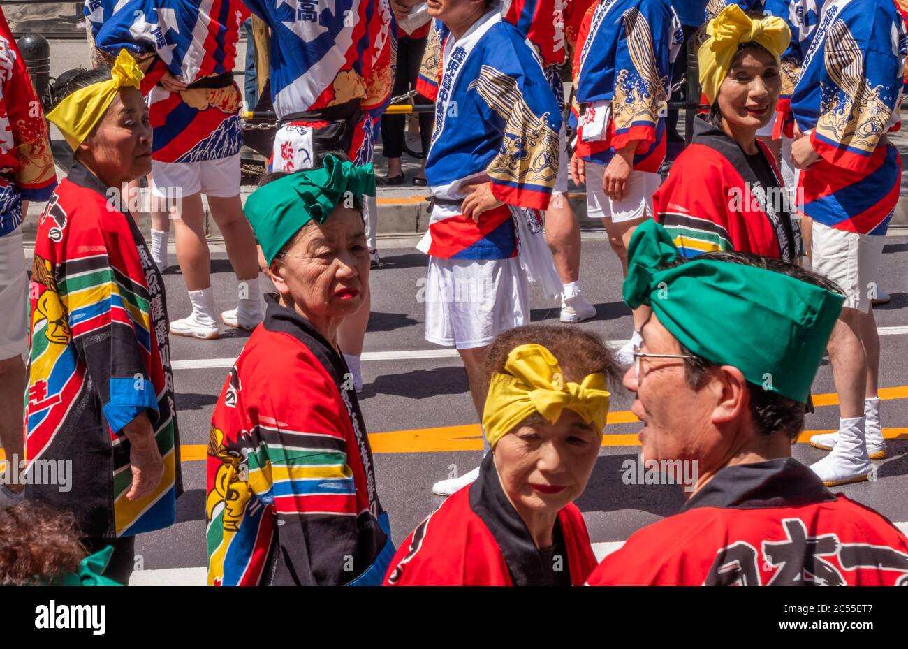 Folk dancers in colorful yukata dancing in Shibuya Kagoshima Ohara ...