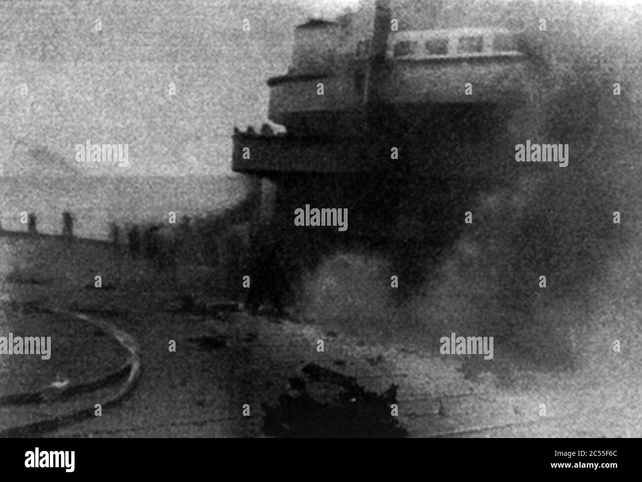 Island and flight deck of USS Hornet (CV-8) on fire on 26 October 1942 ...