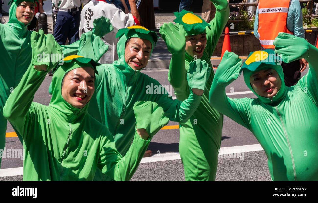 Folk dancers in colorful yukata dancing in Shibuya Kagoshima Ohara ...