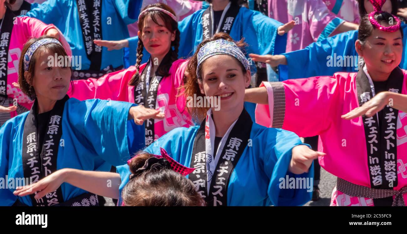 Folk dancers in colorful yukata dancing in Shibuya Kagoshima Ohara ...