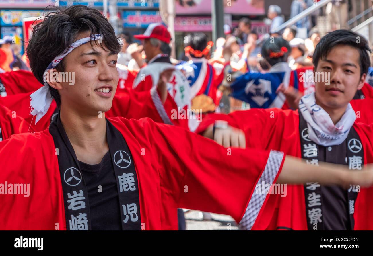 Folk dancers in colorful yukata dancing in Shibuya Kagoshima Ohara ...