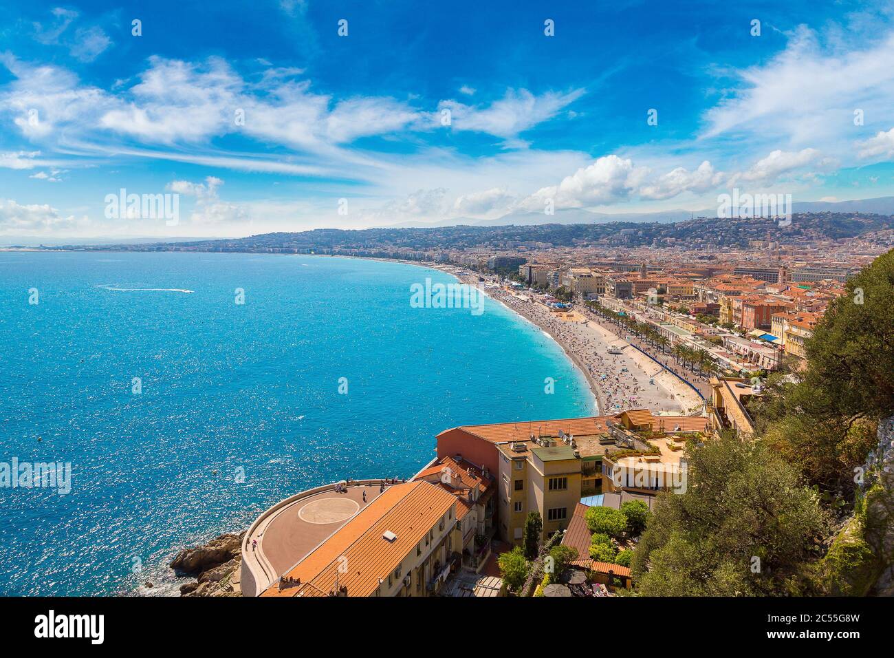 Panoramic aerial view of public beach in Nice in a beautiful summer day ...