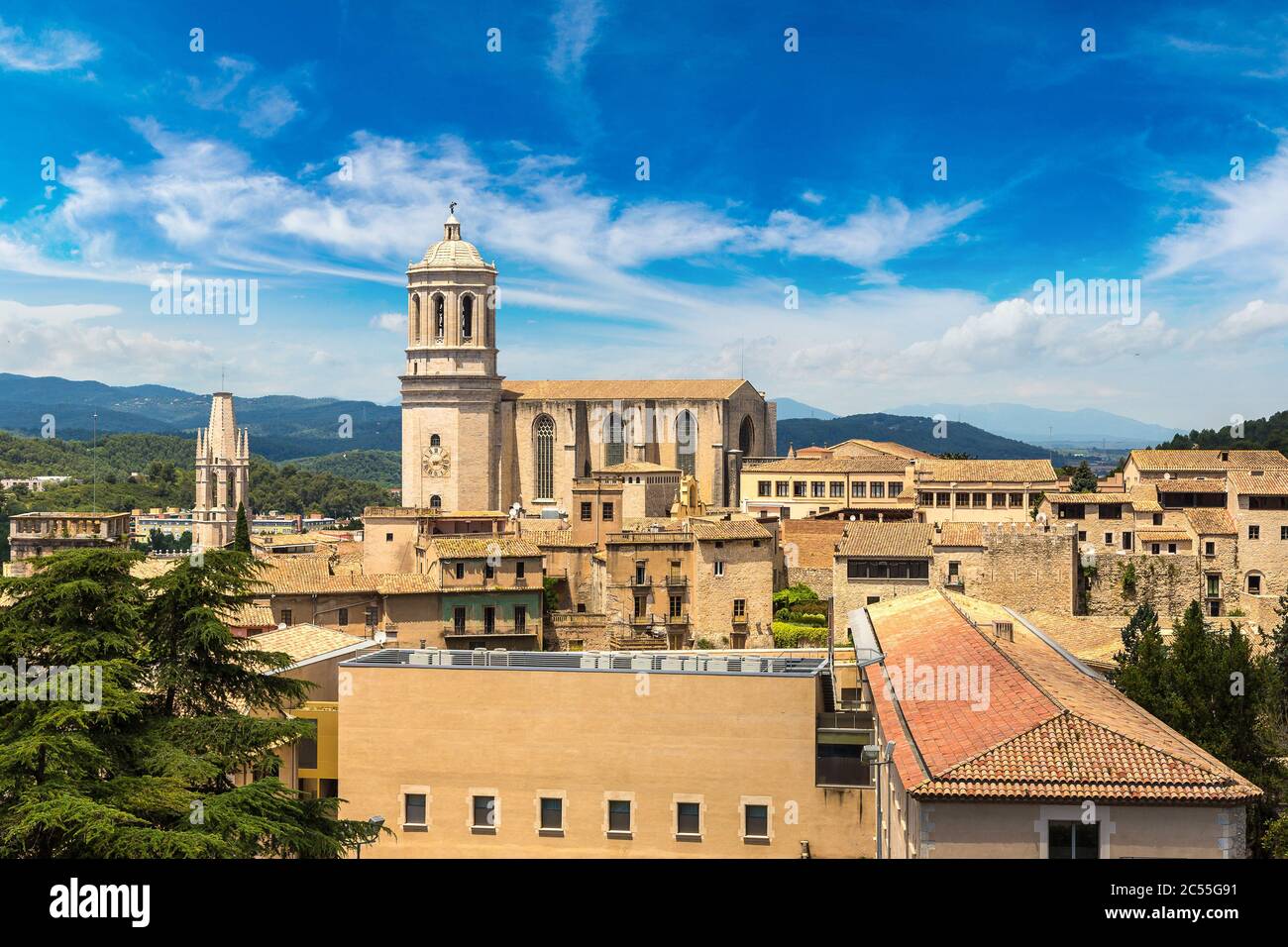 Panoramic aerial view of Girona and cathedral in a beautiful summer day ...