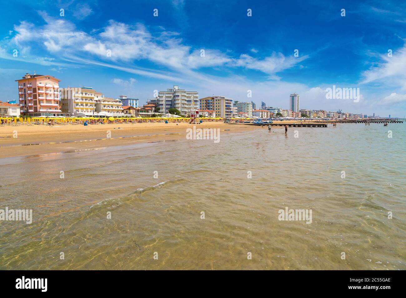Beach of Lido di Jesolo at adriatic Sea in a beautiful summer day ...