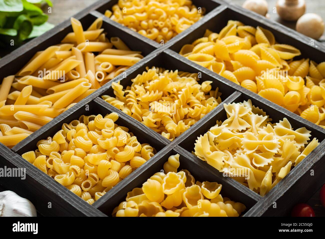 Different types of raw pasta. Italian food. Healthy food background ...