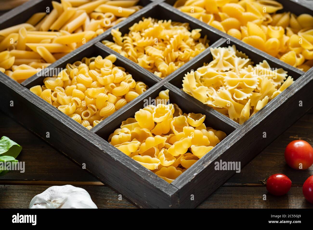 Different types of raw pasta. Italian food. Healthy food background ...
