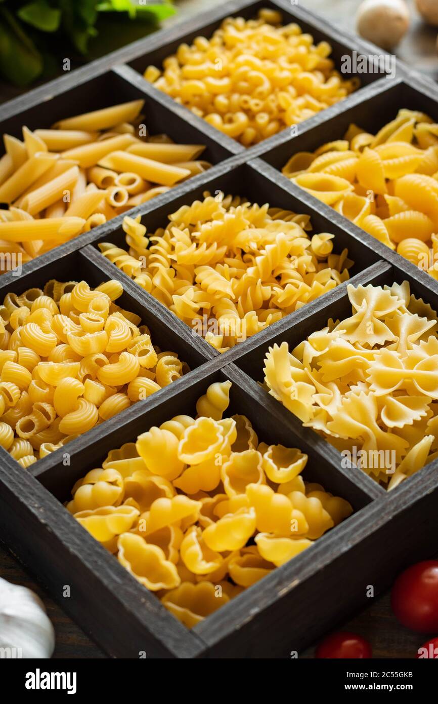 Different types of raw pasta. Italian food. Healthy food background ...