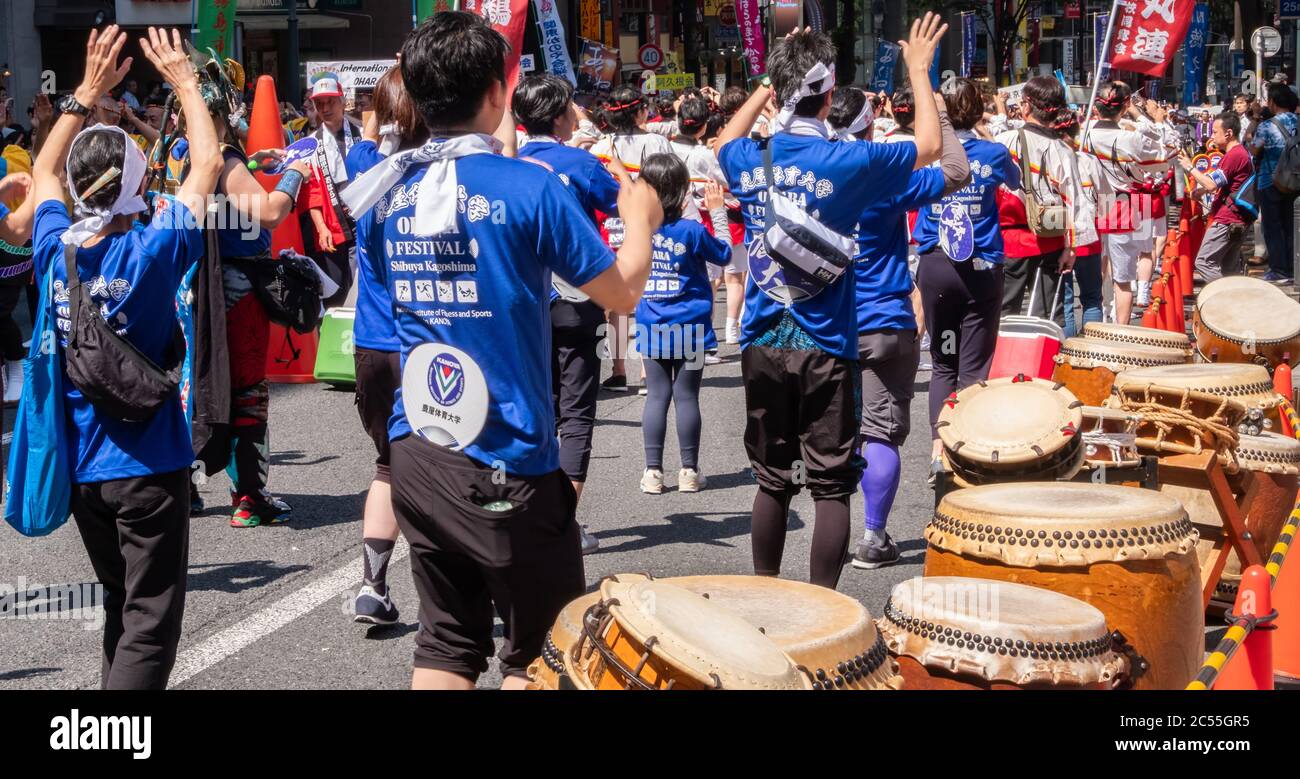 Folk dancers in colorful yukata dancing in Shibuya Kagoshima Ohara ...