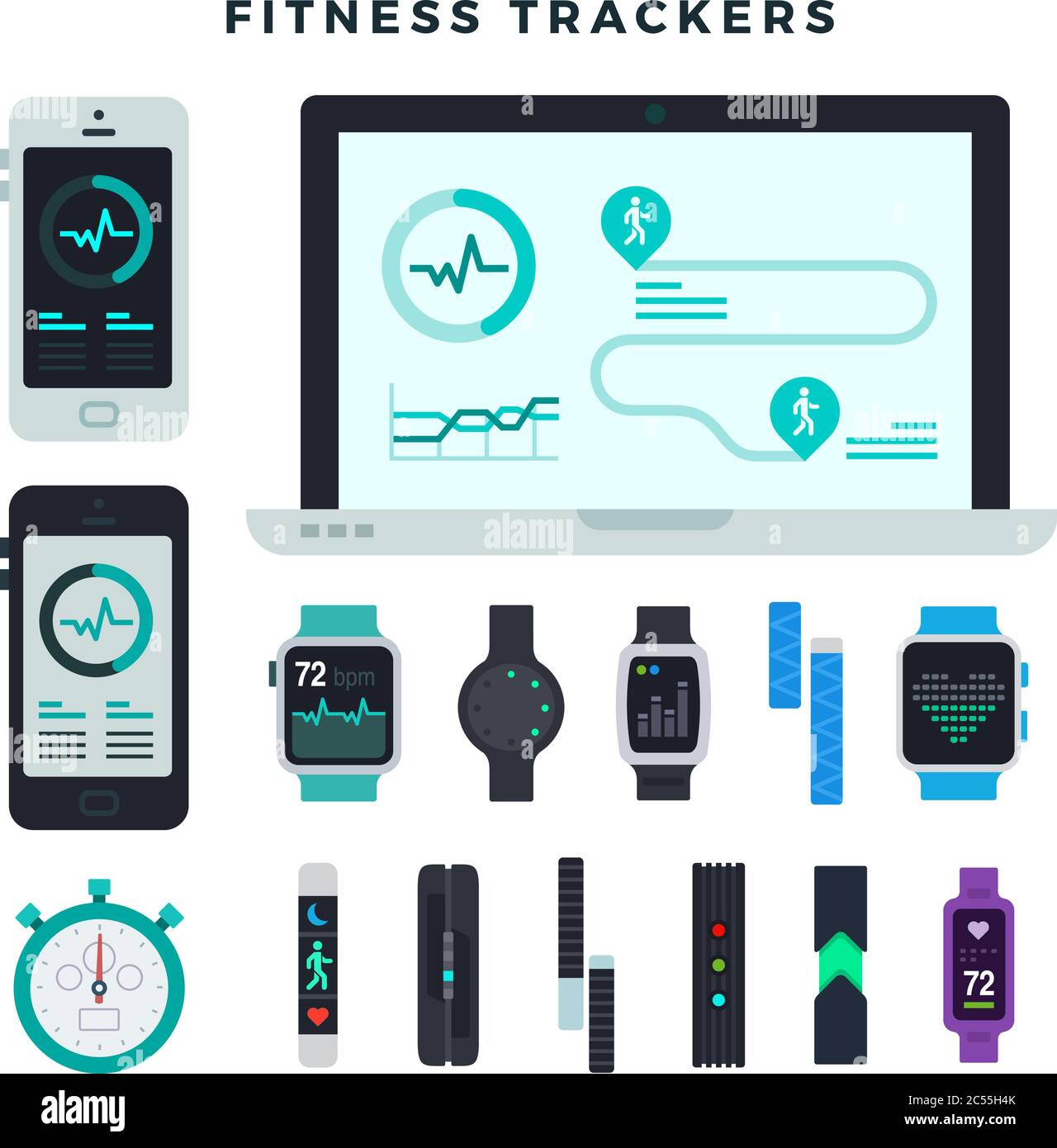 Fitness trackers of various types, set. Fitness wristbands, smart ...