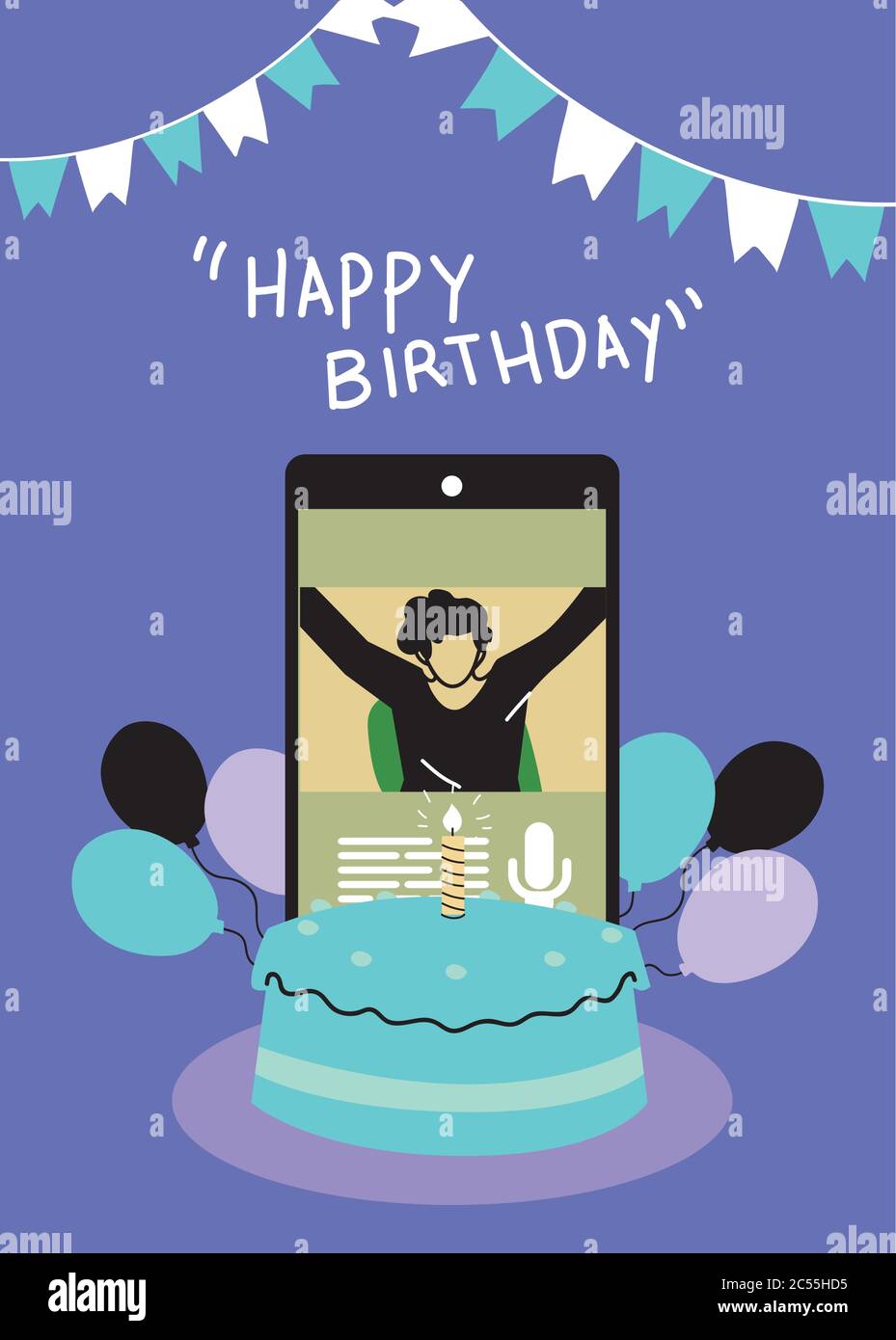 man on smartphone with cake and balloons design, Happy birthday and ...