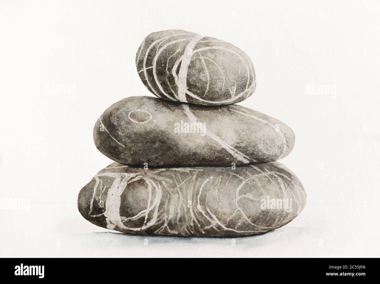 Watercolour painting of a stack of three stripy pebbles Stock Photo - Alamy