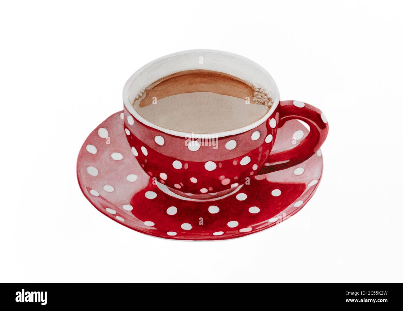 Watercolour painting illustration of a cup of coffee in a red spotted ...