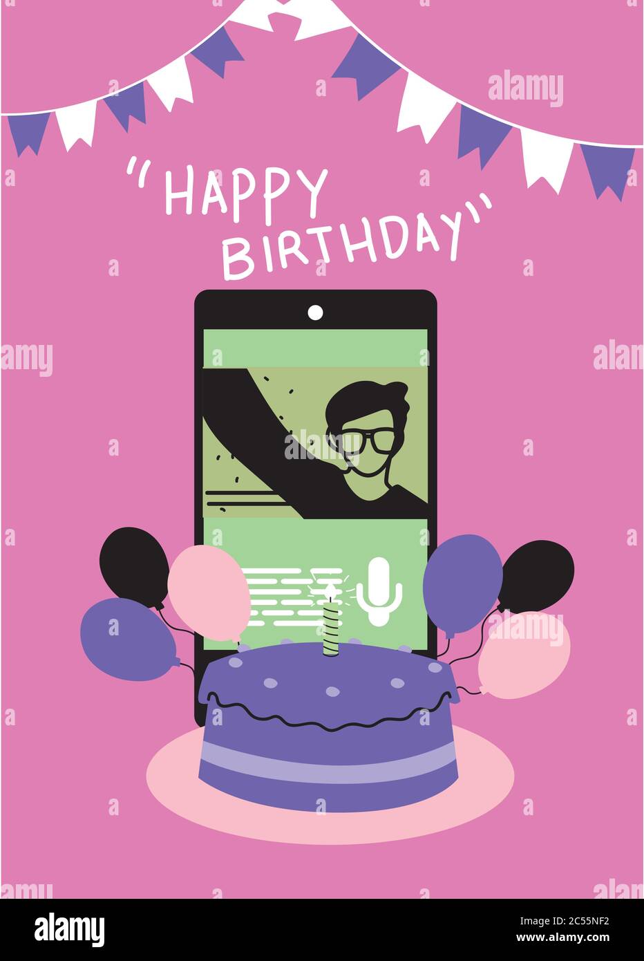 man on smartphone with cake and balloons design, Happy birthday and ...