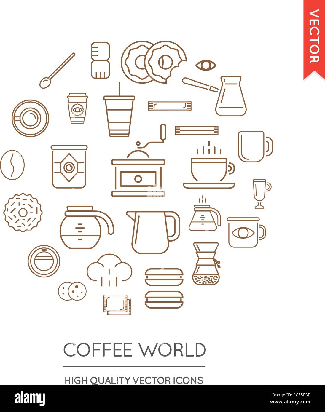 Vector Set of Coffee Modern Flat Thin Icons Inscribed in Round Shape ...