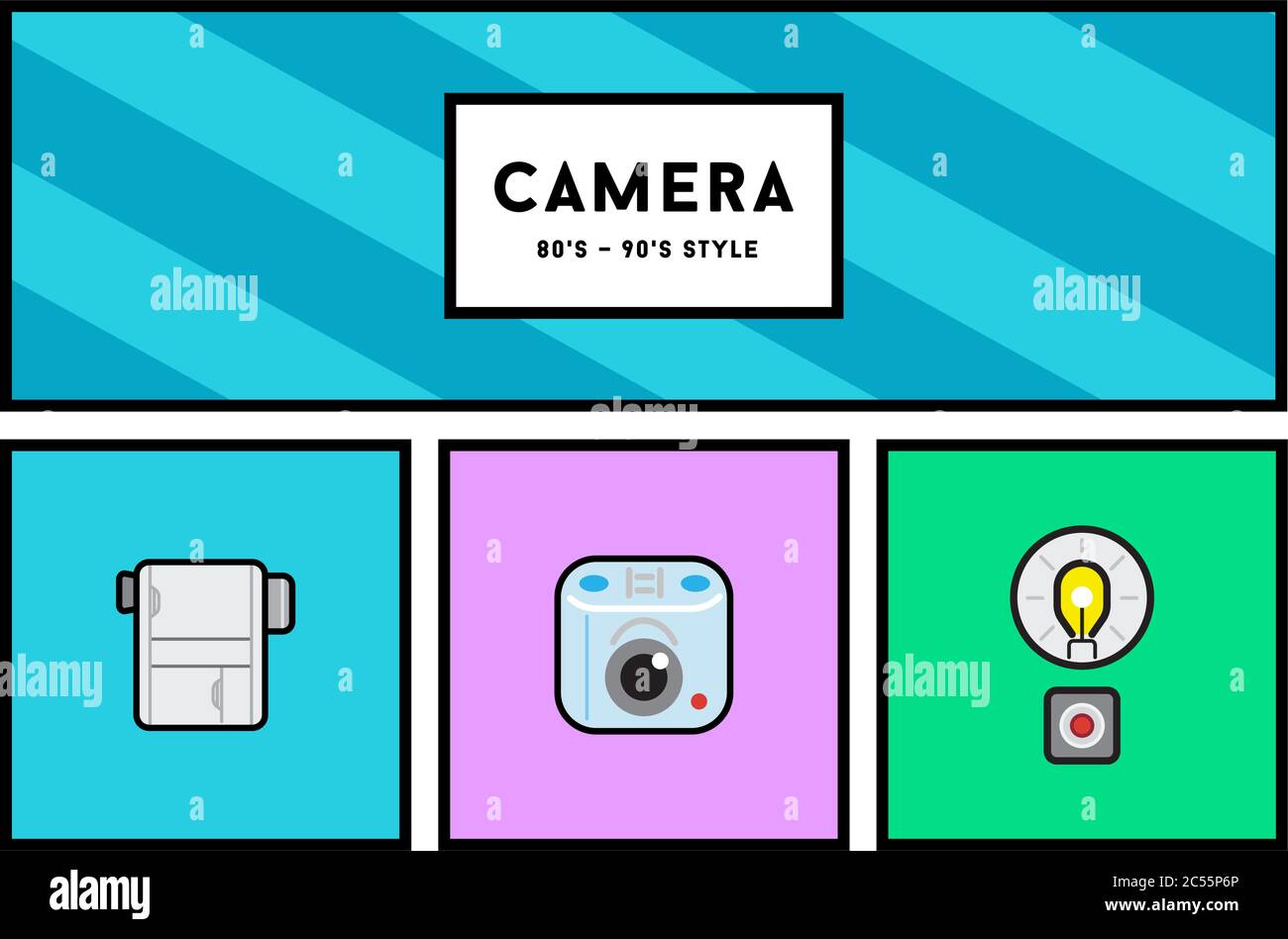 Vector 80's or 90's Stylish Photo Camera Icon Set with Retro Colors ...