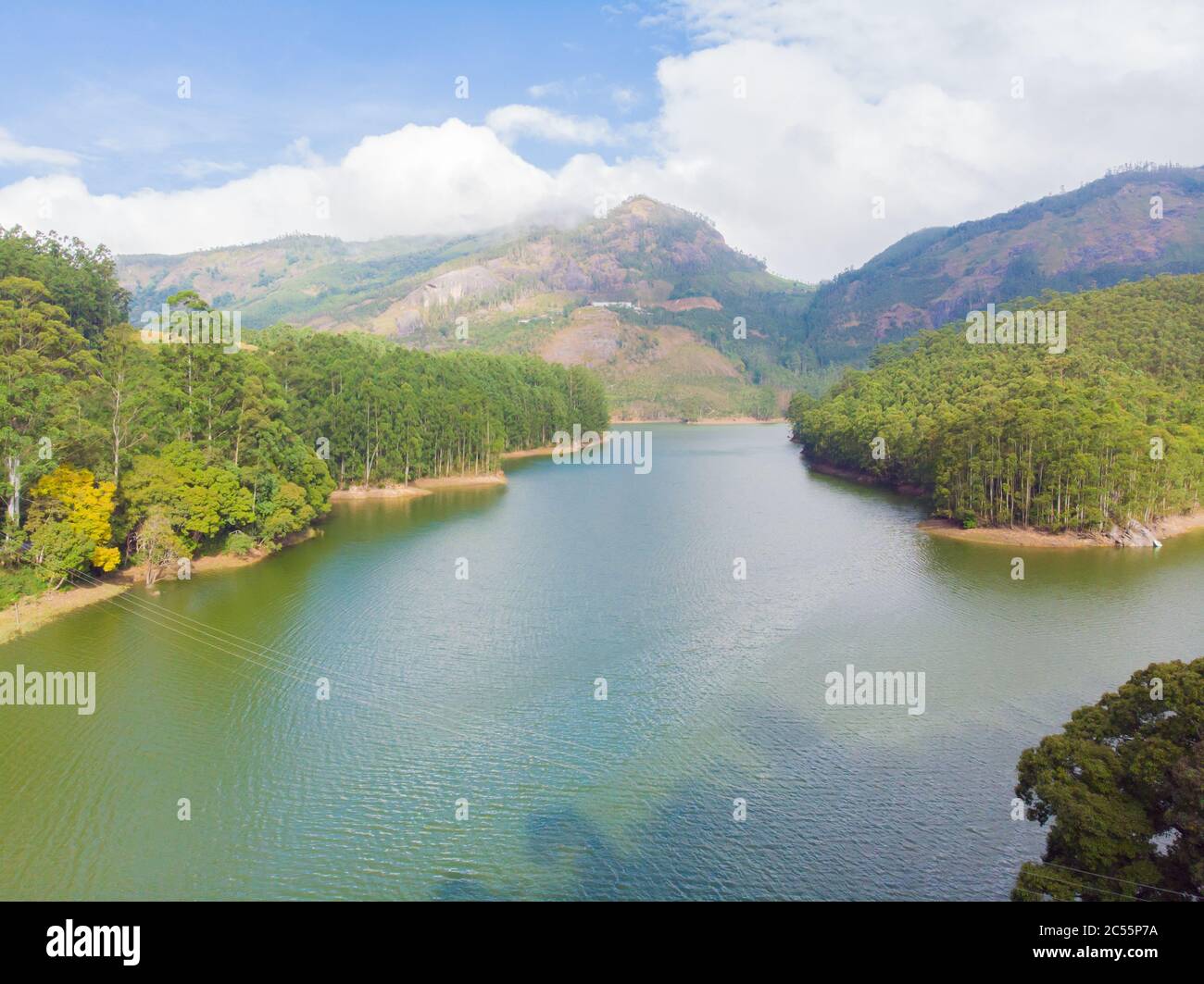 Aerial view beautiful nature with mountains and hills by Lake ...