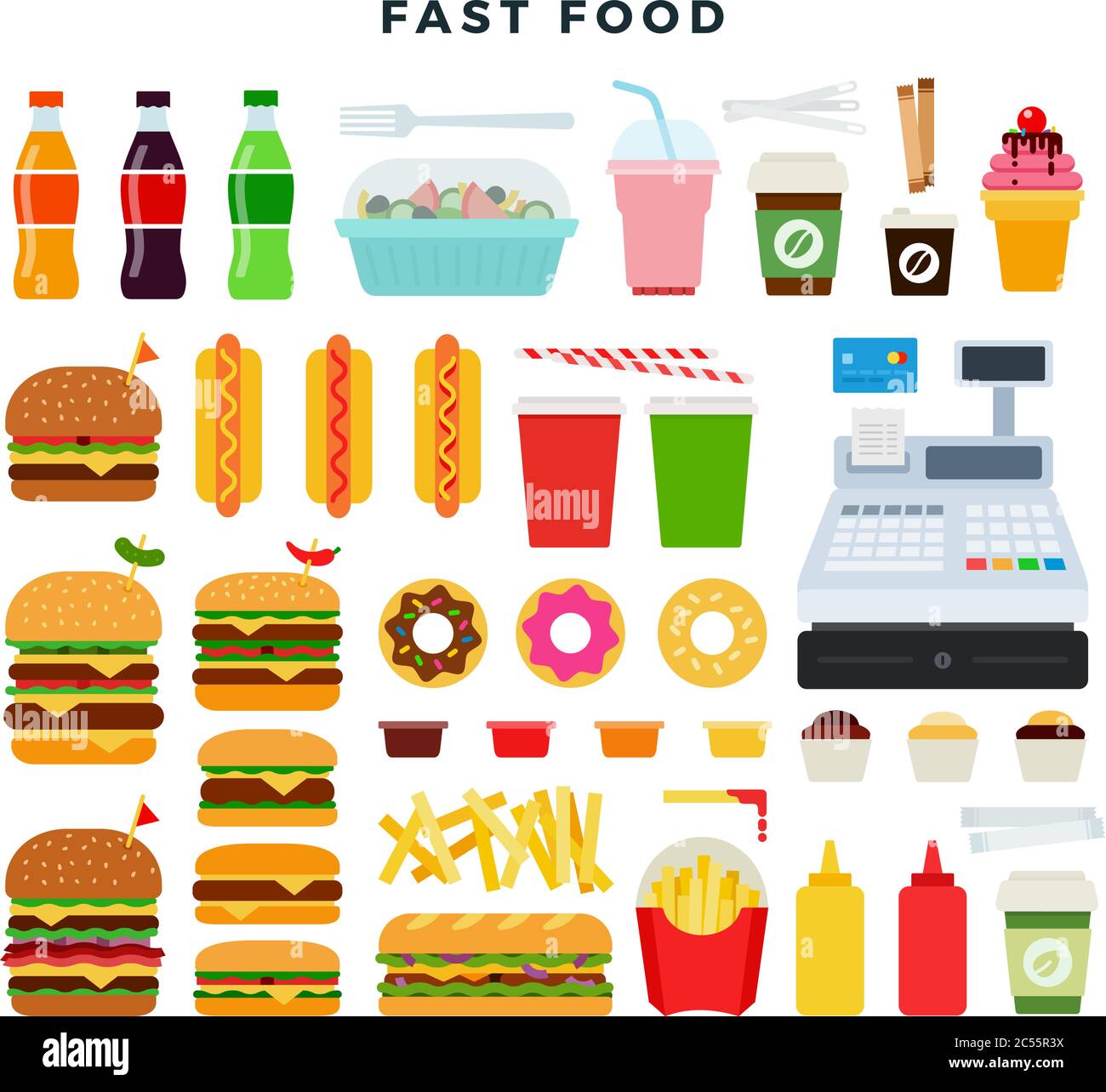 Colorful set of fast food products. Collection for fast food cafe ...