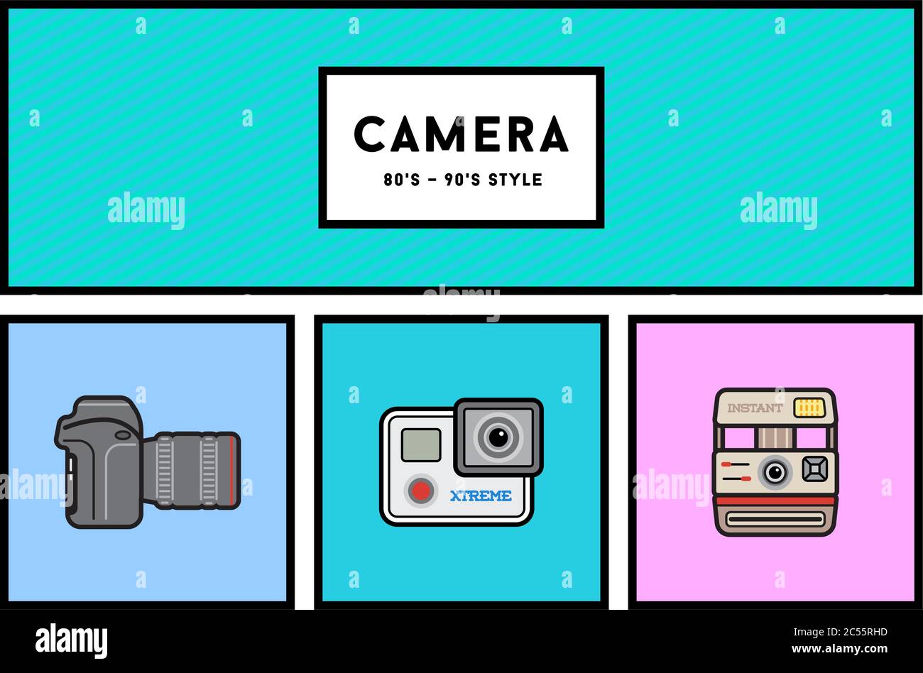 Vector 80's or 90's Stylish Photo Camera Icon Set with Retro Colors ...