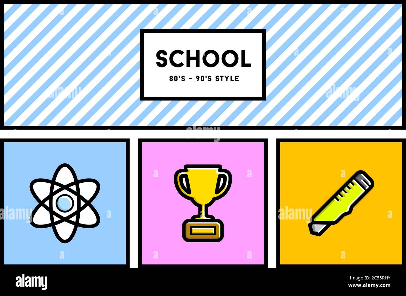 Vector 80's or 90's Stylish School Education Icon Set with Retro Colors ...