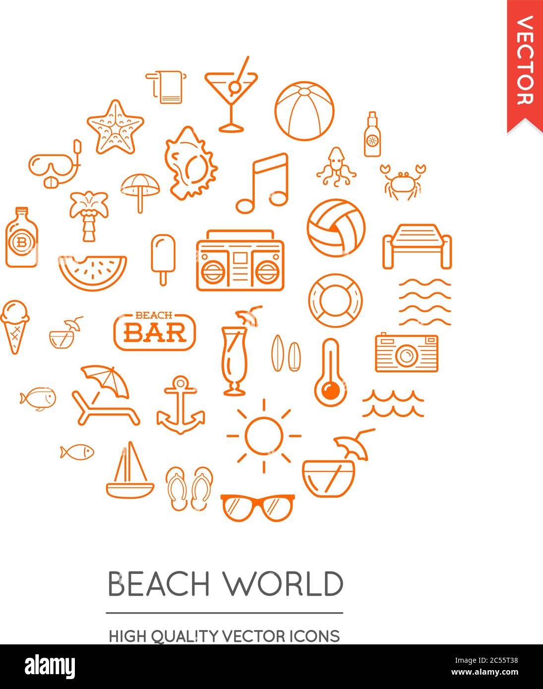 Vector Set of Beach Modern Flat Thin Icons Inscribed in Round Shape ...