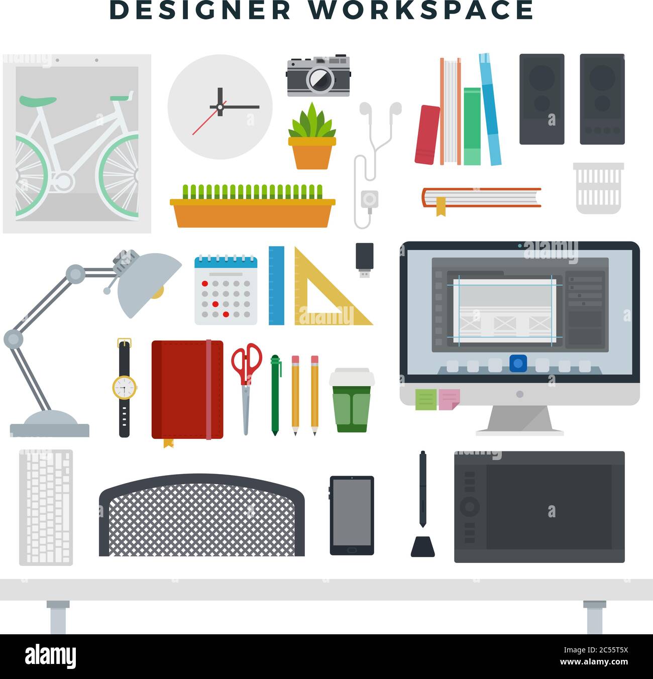 Modern creative office workspace, set. Workplace of digital designer ...