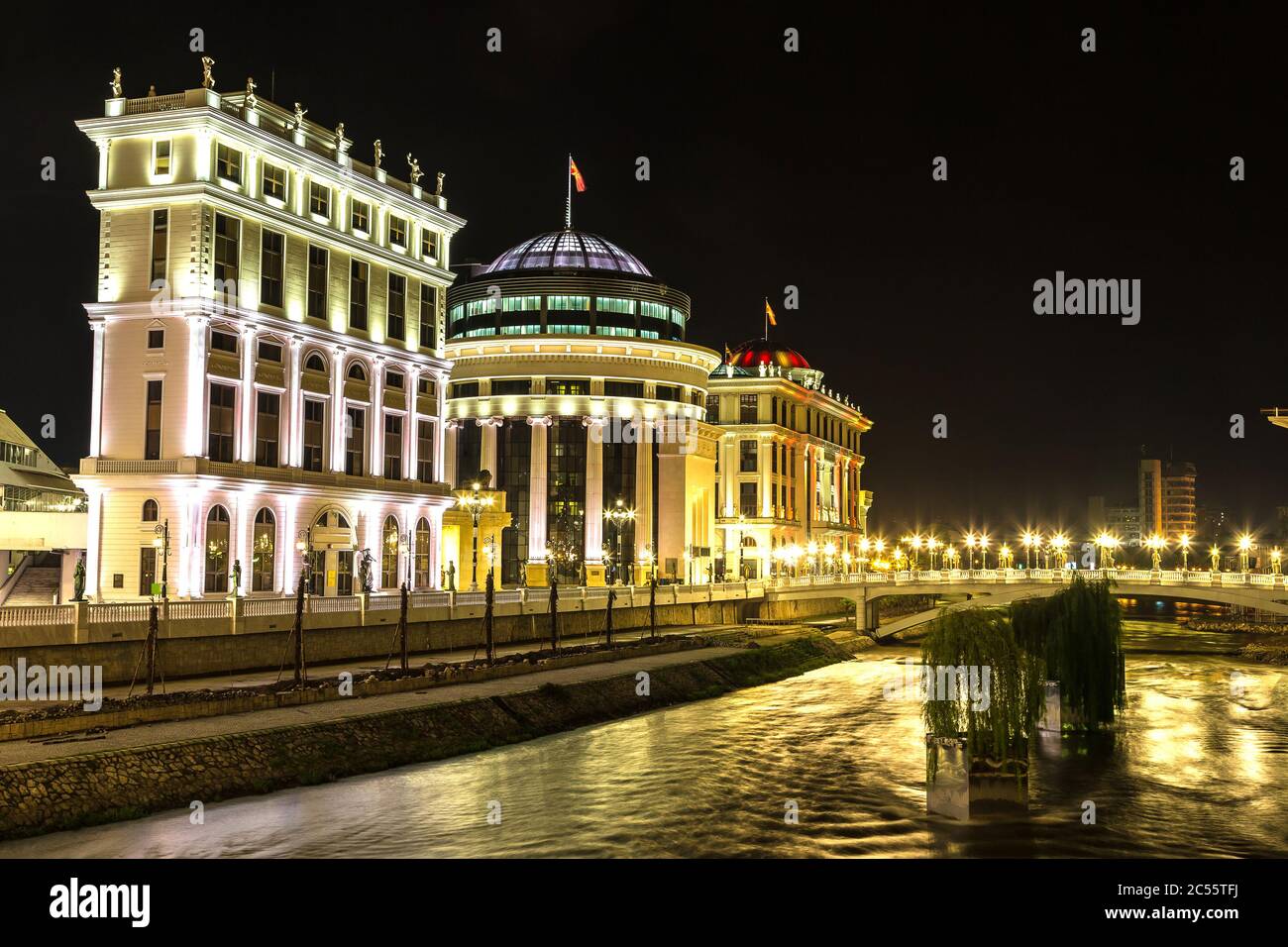 Historic buildings in Skopje in a beautiful summer night, Macedonia ...