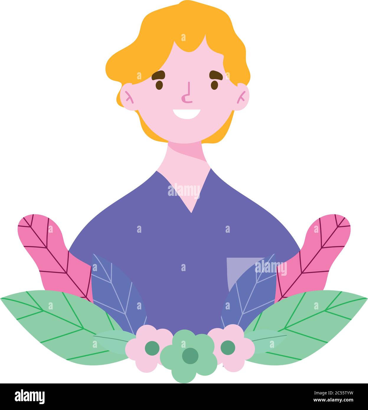 young man flowers foliage botanical cartoon isolated icon design white ...