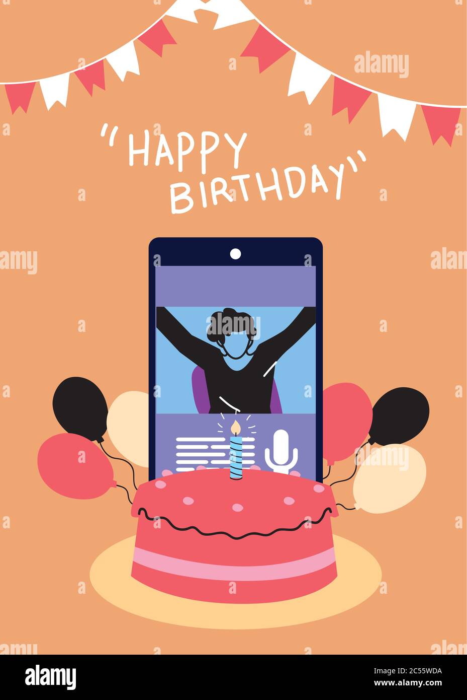 man on smartphone with cake and balloons design, Happy birthday and ...