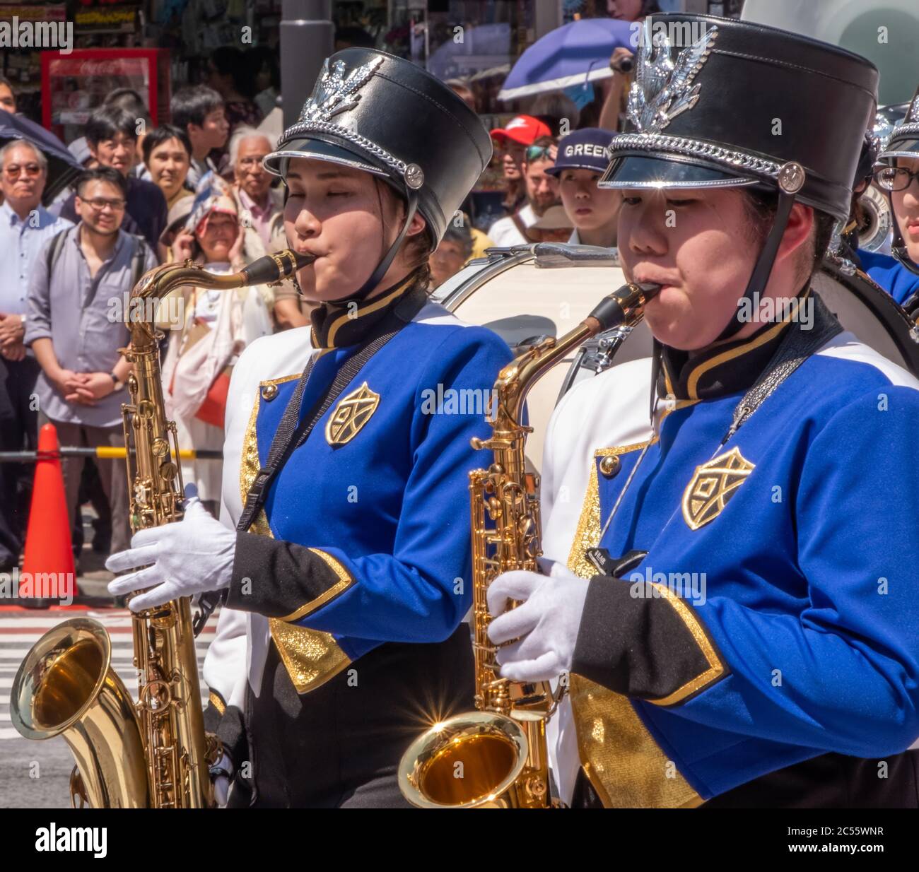 Marching school band participating in the Shibuya Kagoshima Ohara ...