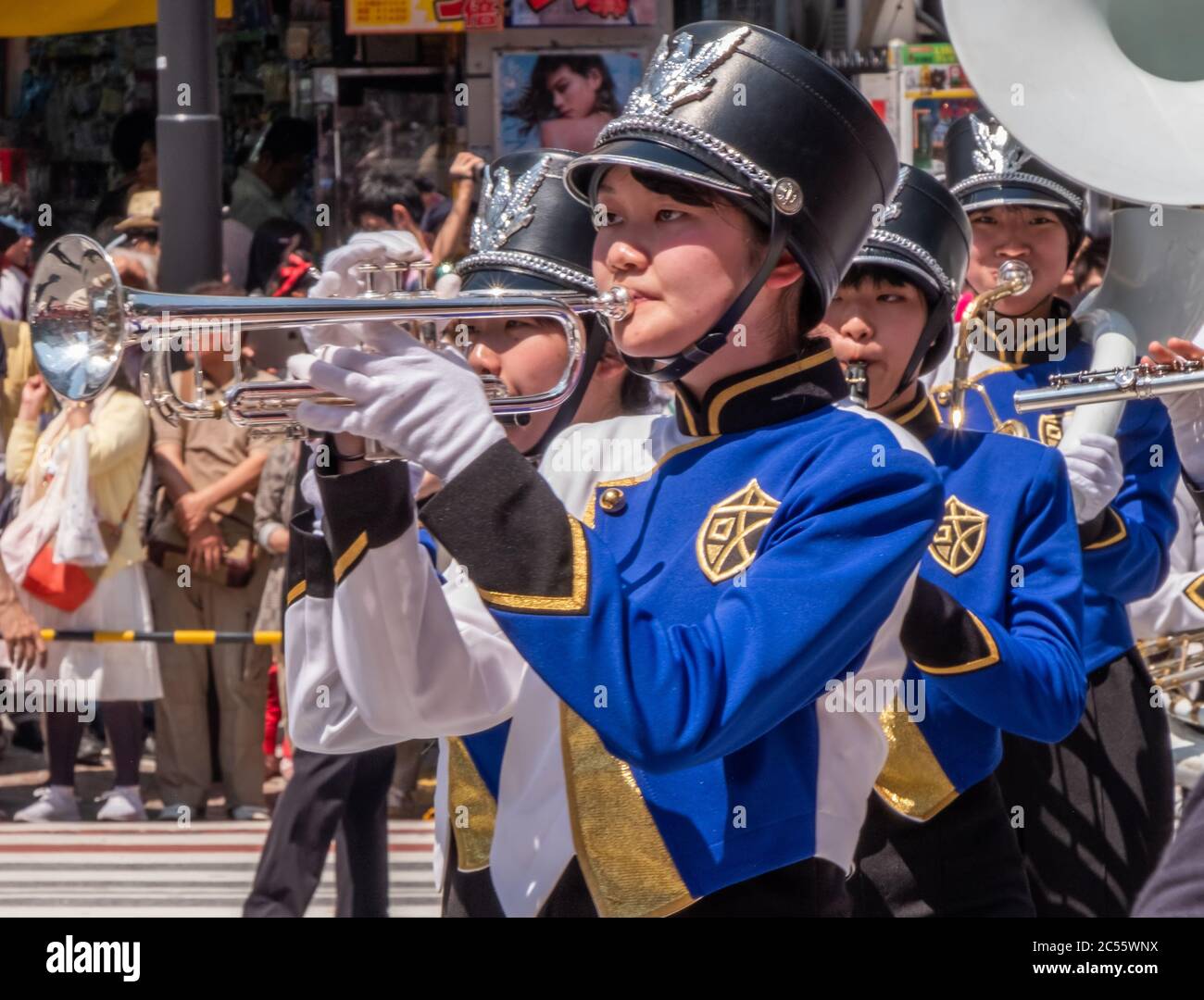 Marching school band participating in the Shibuya Kagoshima Ohara ...