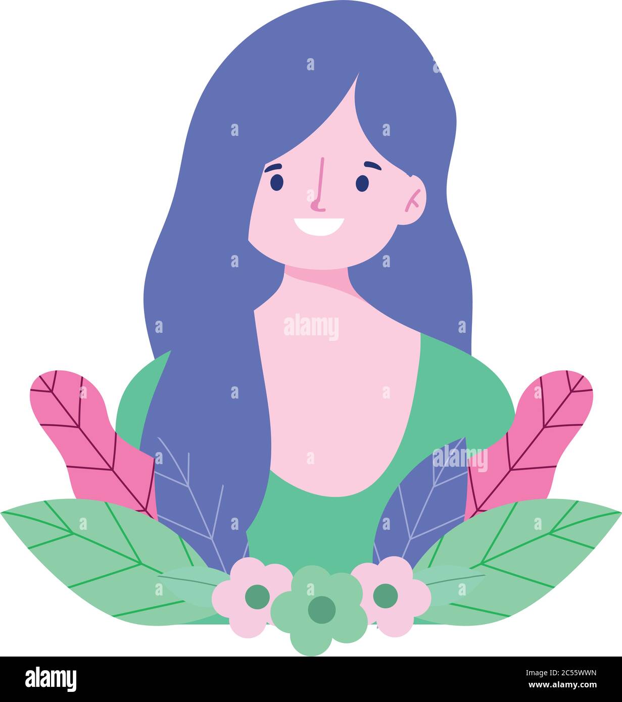 young woman character flowers leaves foliage isolated icon design white ...