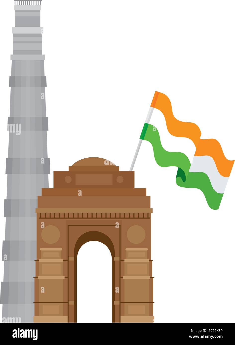 india gate with the qutub minar famous monuments and flag of india ...