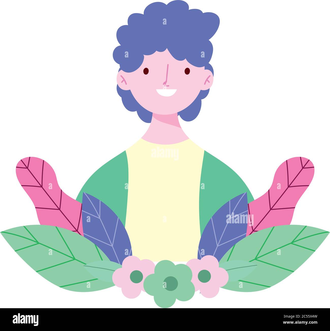 young man flowers foliage botanical cartoon isolated icon design white ...