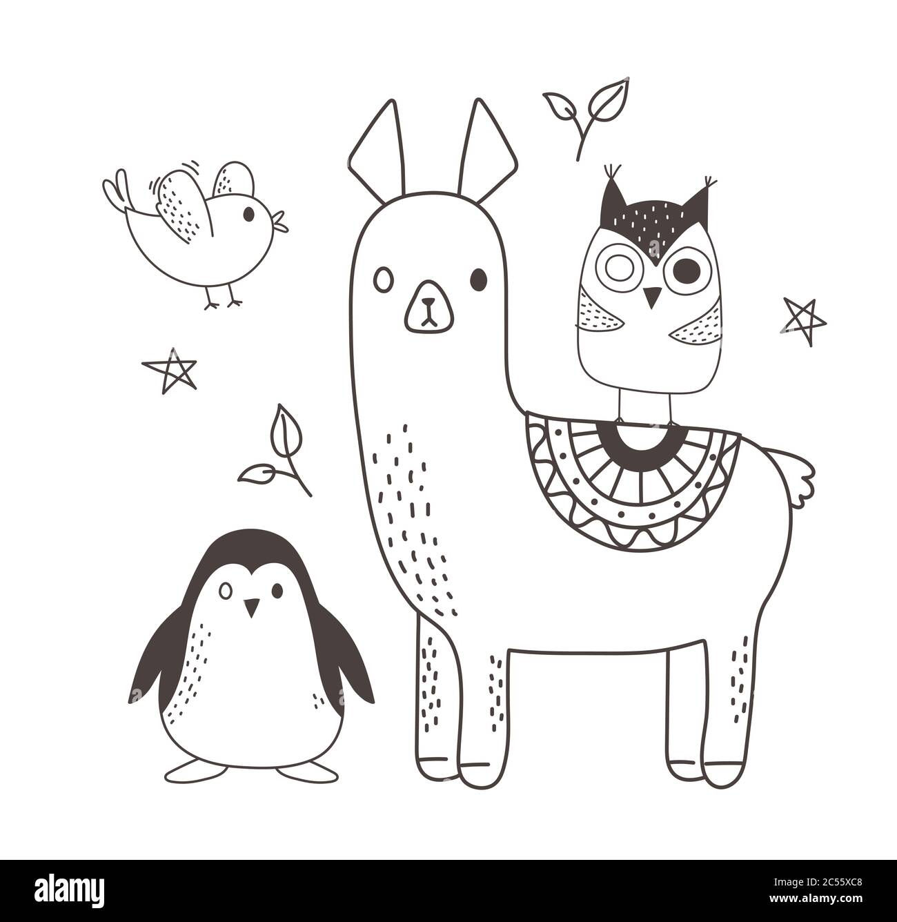 cute animals sketch wildlife cartoon adorable alpaca owl penguin and ...