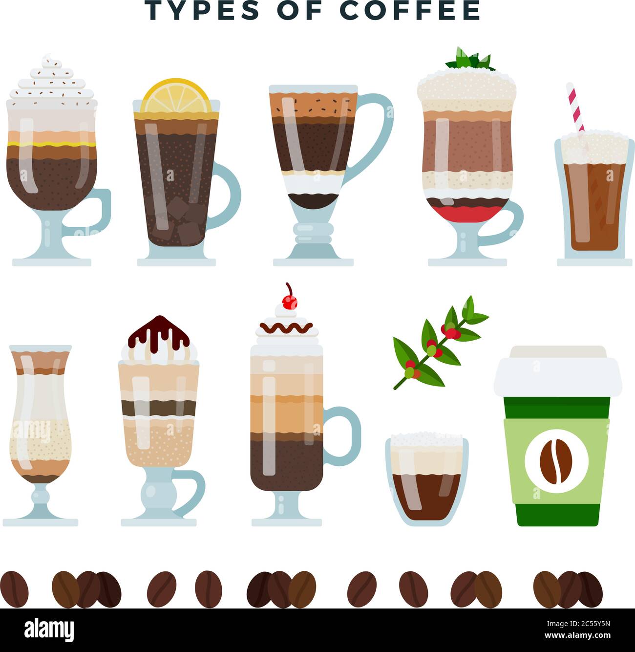 Different types of coffee. Various coffee drinks, set, isolated on ...