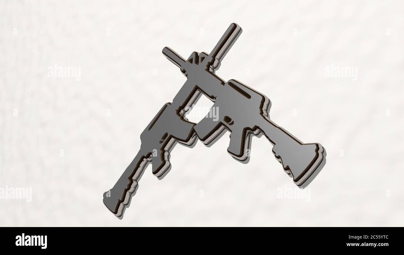gun symbol made by 3D illustration of a shiny metallic sculpture on a ...