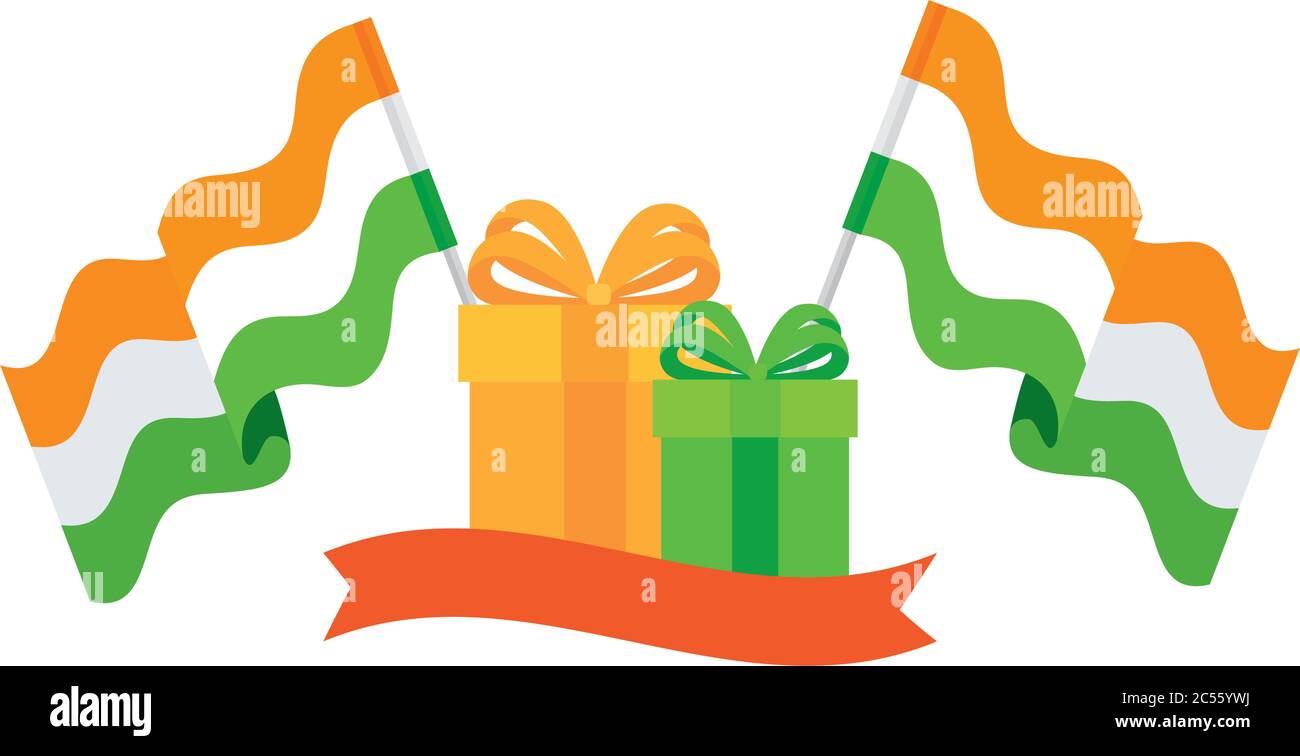 gift boxes of green and yellow colors with flags indian on white ...
