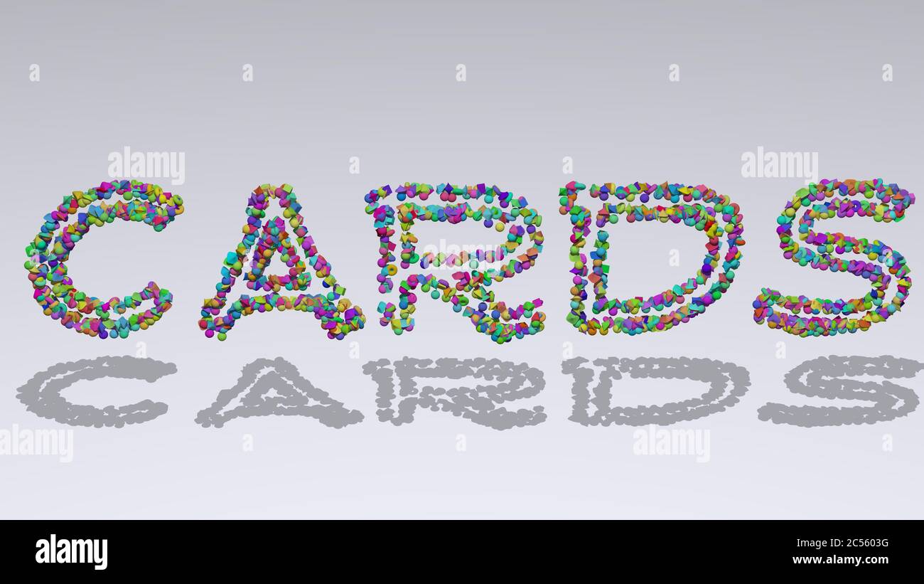 CARDS: 3D illustration of the text made of small objects over a white ...
