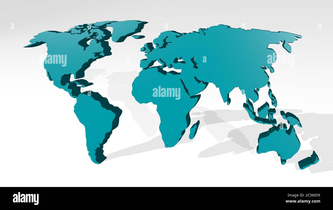 MAP OF THE WORLD made by 3D illustration of a shiny metallic sculpture ...