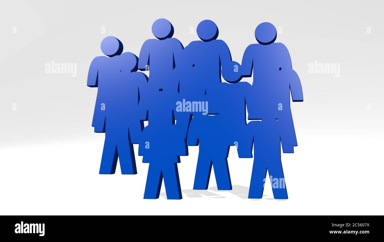 crowd of people stand with shadow. 3D illustration of metallic ...