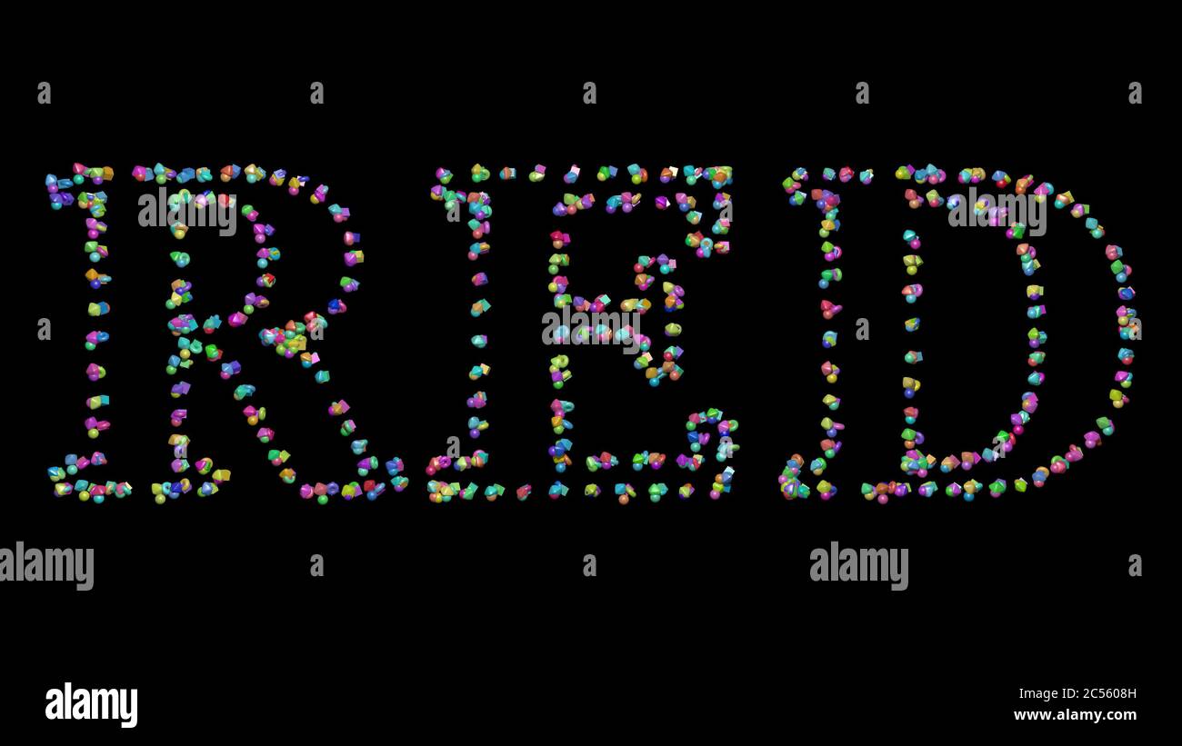 RED written in 3D illustration by colorful small objects casting shadow ...